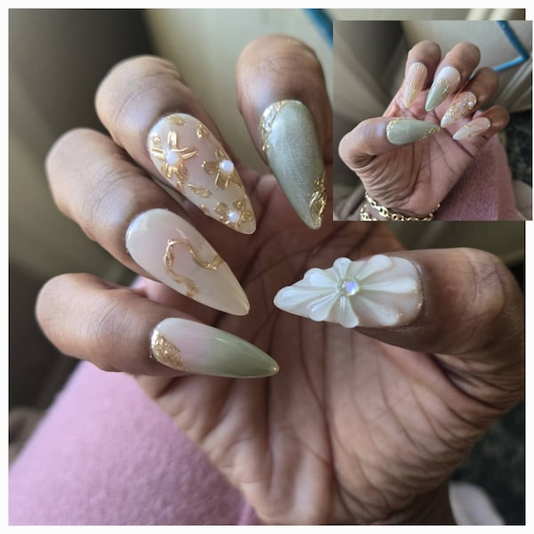 FREYA Y2K Graffiti Press on Nails Lily Pad Nails Abstract Green Ombre ...