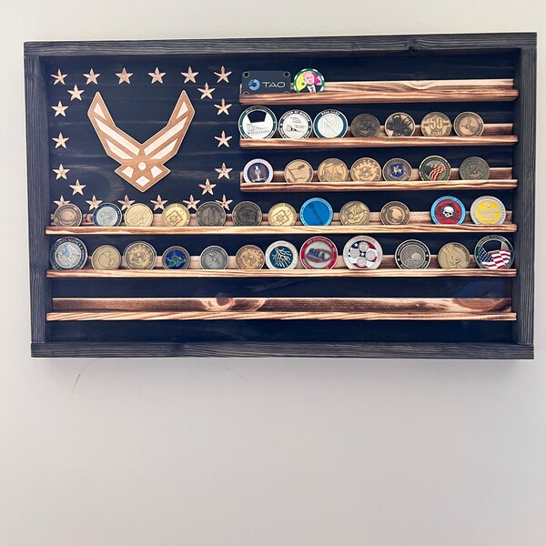 US Air Force Challenge Coin Display Rack Holder - Rustic American Flag ...