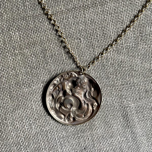 Vintage Art Nouveau Brass Necklace: Mucha Woman & Poppy Pendant - Etsy