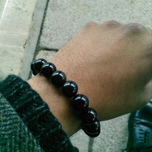 Men's Gemstone Beaded Bracelet 12mm BLACK LAVA STONE Beads Gift ...