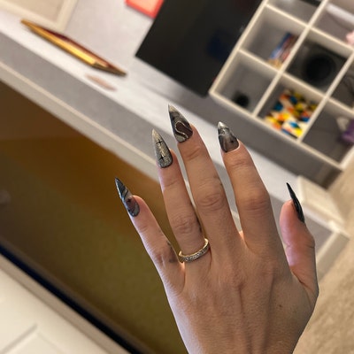 Black Stars Press on Nails, Black Coffin Nails, Custom Fake Nails, Handpainted False Nails ...