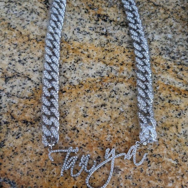 Custom Diamond Name Necklace Iced Out Cuban Chain, Script Name Necklace ...