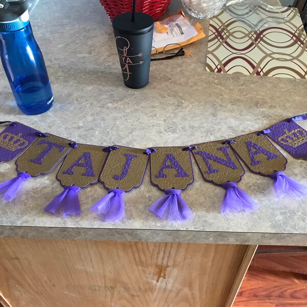Girls Name Banner With Crowns, Embossed Purple and Gold Banner With ...