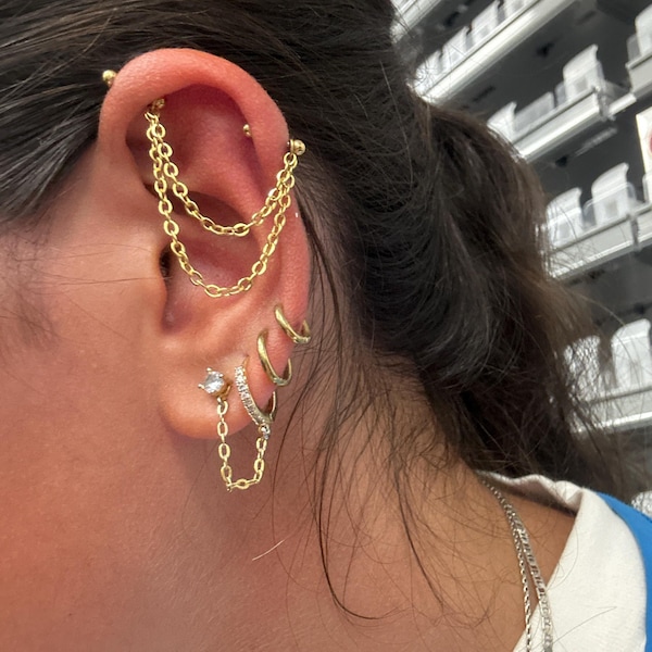 16g Dainty Flower Helix Double Chain Ear Stud, Flat Back Chain Hoop ...