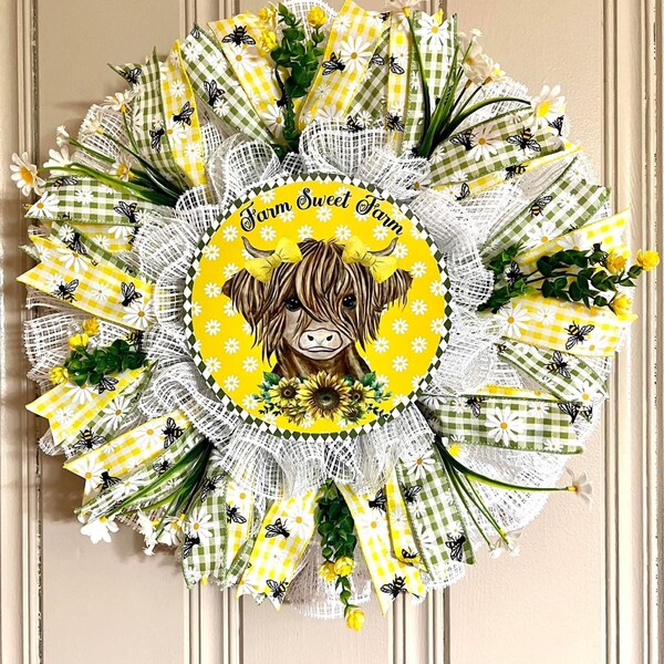Farm Sweet Farm Wreath Sign, Highland Cow With Sunflower Sign, Metal Wreath Sign, Round Wreath ...