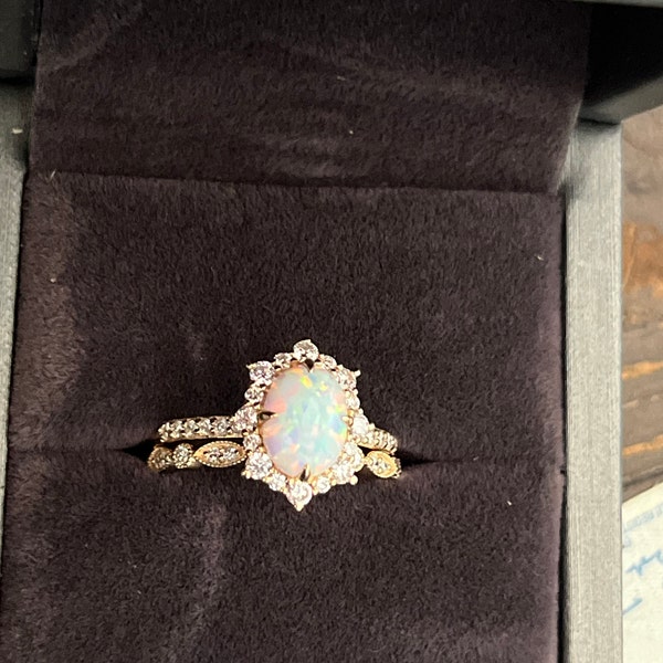 Oval Shape White Fire Opal and Diamond Engagement Ring Set Unique Rose ...