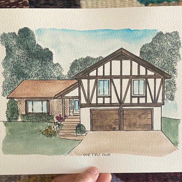 Watercolor House Drawing, Custom Watercolor House, Watercolor House ...