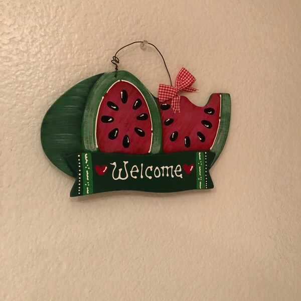 WATERMELON Welcome SIGN Hanger Plaque Home Porch Deck Patio Decor Mesh ...