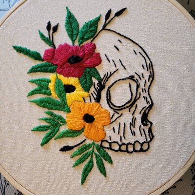 Skull With Flowers Hand Embroidery Pattern , Skeleton Butterfly Hand ...