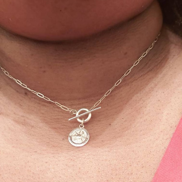Silver Compass Necklace, Paperclip Chain Necklace With Toggle Closure ...