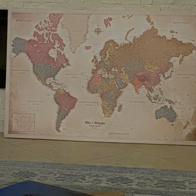 Personalized World Map Push Pin Map Pinboard Cork Canvas Print Gift for ...