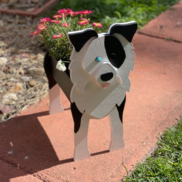 Border Collie Planter, Garden Ornament, Planter Box, Wooden Pet, Scroll ...