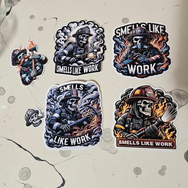 Skeleton Firefighter Smells Like Work Sticker, Firefighter, Bunker Gear ...