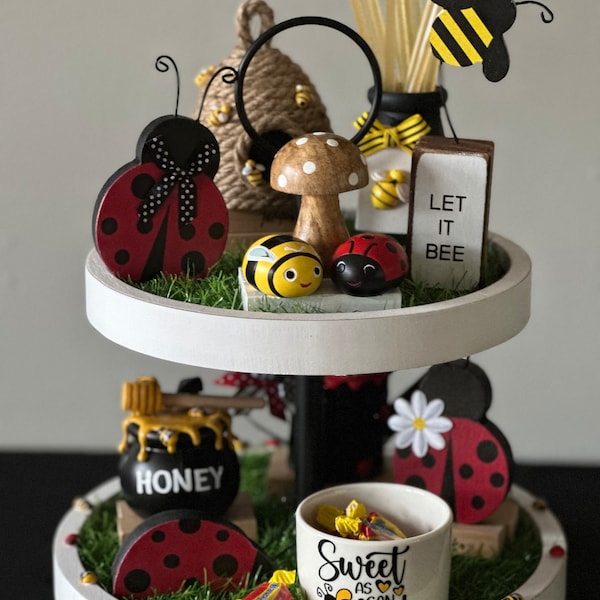 Bee Tiered Tray Decor, Farm Fresh Honey, Honey Dipper, Tiered Tray ...