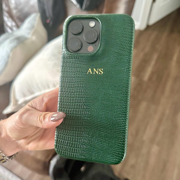 Personalized Green Croc Leather Monogram Phone Case for iPhone 16, 15 ...