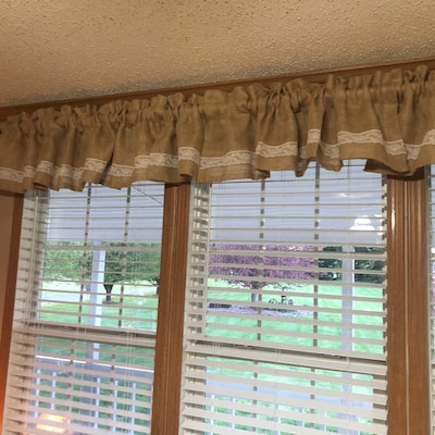72X15 Natural Burlap Valance With Lace Burlap Curtain Window Treatments ...