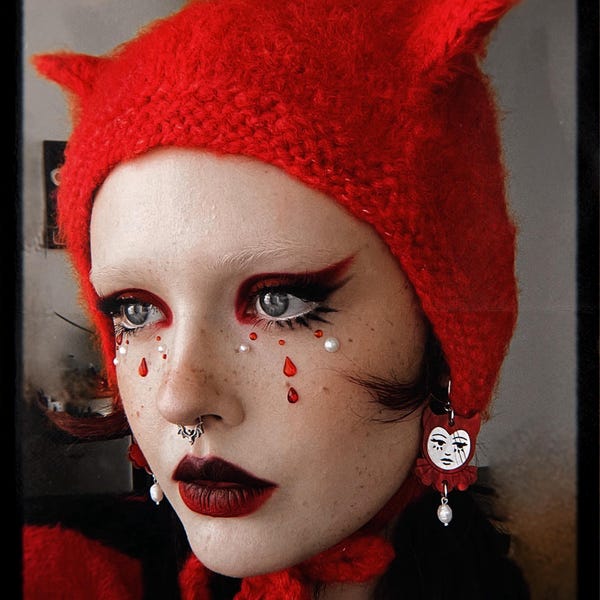 Devil Bonnet, Red Knit Cat Bonnet, Cat Ears Hat, Mohair Knit Adult ...