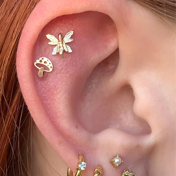 14k Solid Gold Elf Fairy Stud Earring Tiny Fairy Cartilage Earring ...