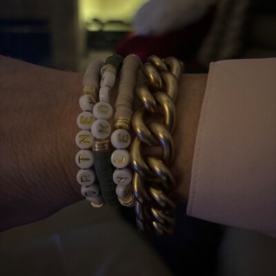 Brushed Gold Bar Bracelet Stackable Bracelet 6mm Heishi Beads Mothers Day Gift Neutral Bracelet ...