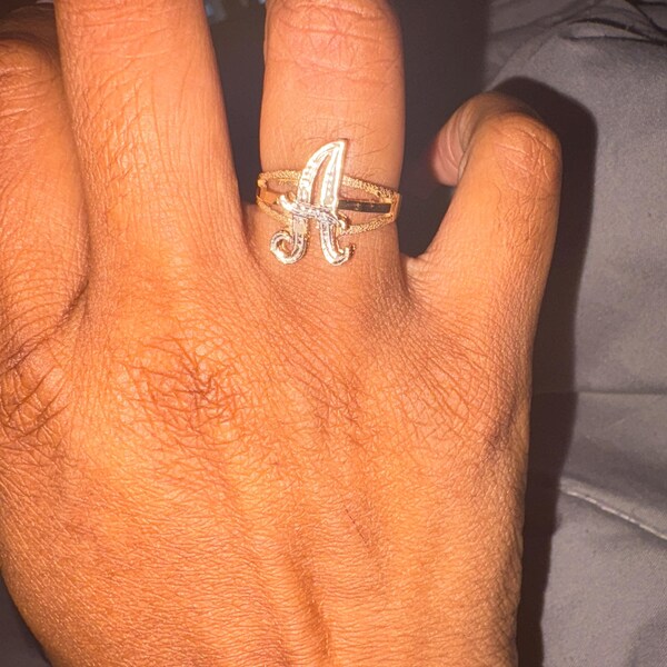 10K Gold Initial Ring, Two Tone Real Gold Small Diamond Letter Ring ...