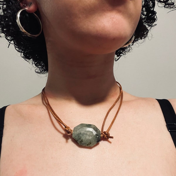 Green Glow Prehnite Stone East to West Adjustable Slide Knot Leather ...