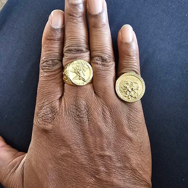 Mens Ring Gold St Michael Ring Signet Sovereign - Rings for Men, Large ...