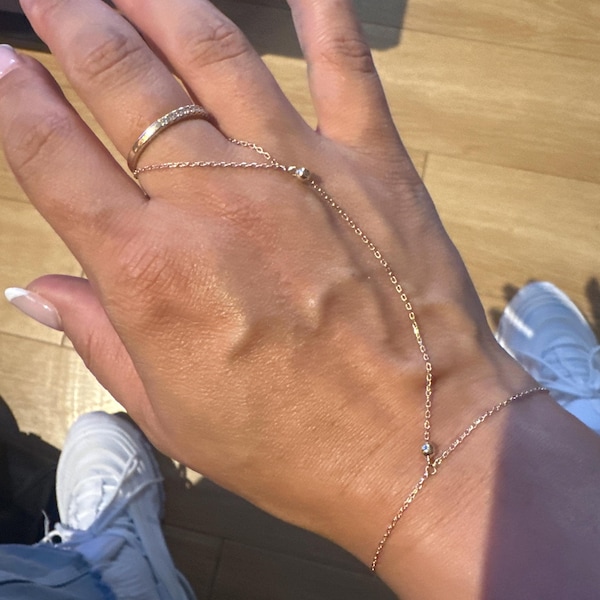 14k 18k Solid Gold Hand Chain Bracelet, Dainty Minimalist Beaded Ball Cable Chain Ring Bracelet ...