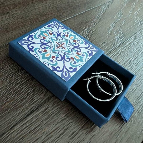 Antique BLUE HOOP Tile Earring Blue Flower Silver STEEL Azulejo Silver ...