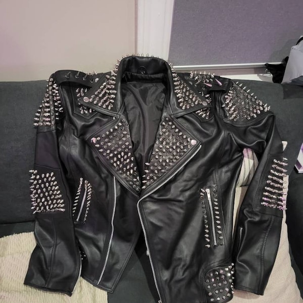 Men's Spiked Punk Jacket, Shoulder Epaulets Jacket, Handmade Black ...
