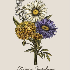 Birth Flower Family Bouquet, Birth Month Flower Art Custom, Hand Drawn ...