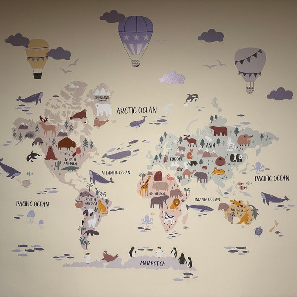 Animal World Map Decal, Peel and Stick Map Decal, World Map Wall Mural ...