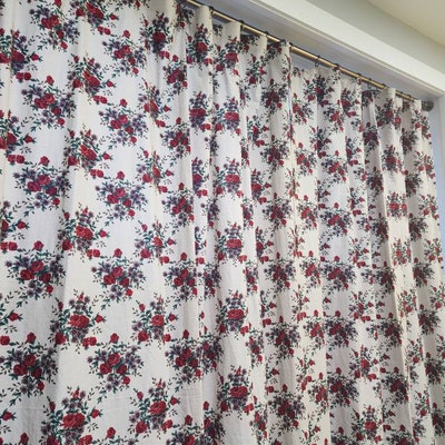 Modern Vintage Dark Red Floral Pattern Washed Linen Cotton Curtain Raw ...