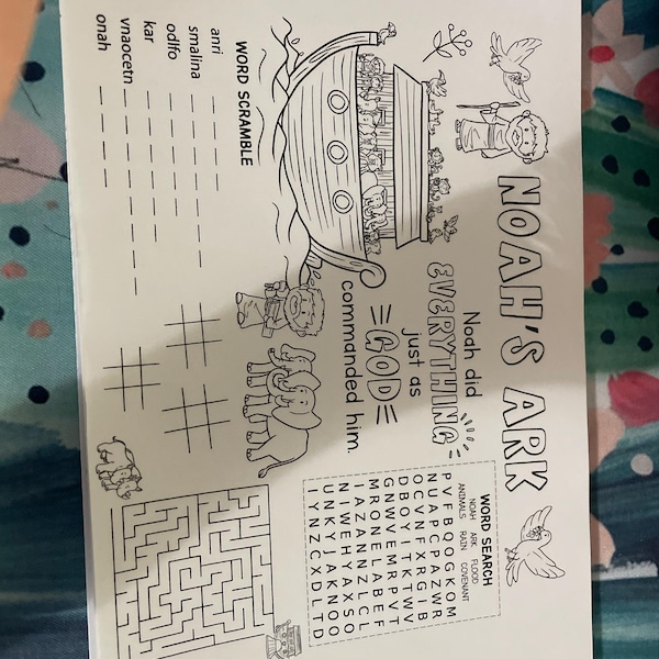 Noah's Ark Bible Stories Activity Placemat Kids Table Coloring Pages ...