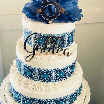 Talavera Tile Edible Cake Wrap blue or Gold Happy Birthday Cake Topper ...