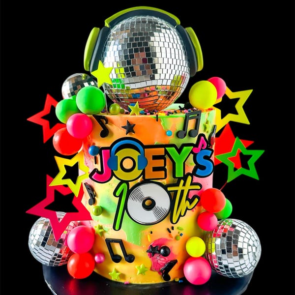 Disco Ball Design Personalized Name and Age Acrylic Cake Topper Set Lux ...