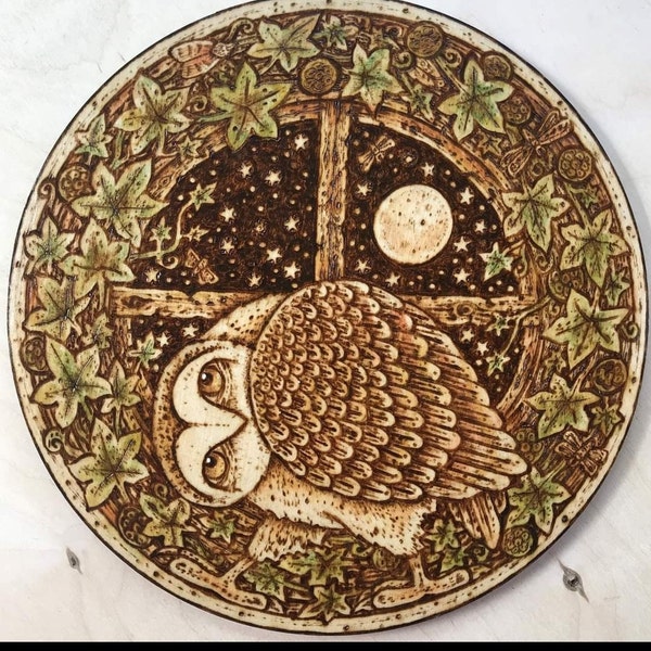 Ivy Owl Wood Burnt Art, Original Pyrography Decorated Painted Wood ...
