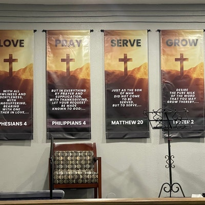 Set of 4 Church Banners, Serve, Grow, Love Pray, Church Banner Set ...
