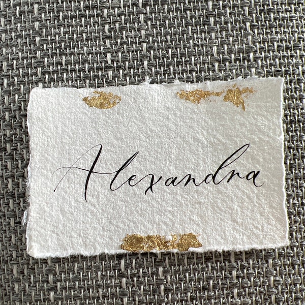 Calligraphy Name Place Cards With Gold Leaf | Handwritten Flat Name ...