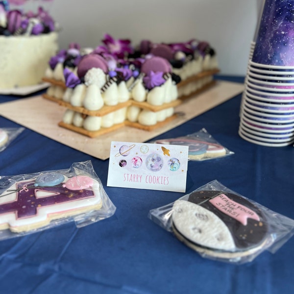 Editable Galaxy Birthday Tent Cards Food Labels Place Cards Pink Gold ...