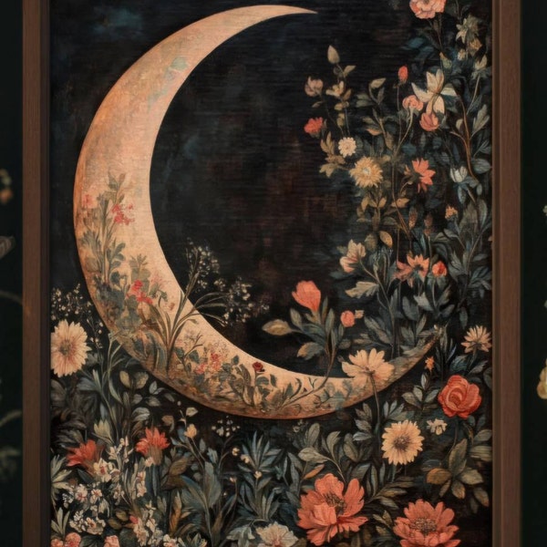 Floral Crescent Moon Dark Cottagecore William Morris Print, Lunar Wall ...