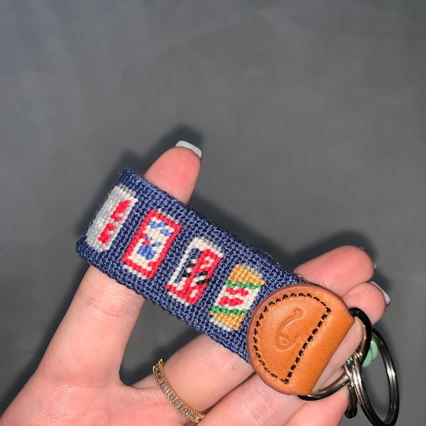 Tennis Needlepoint Keychain - Handmade Key Fob W/ Leather Backing ...