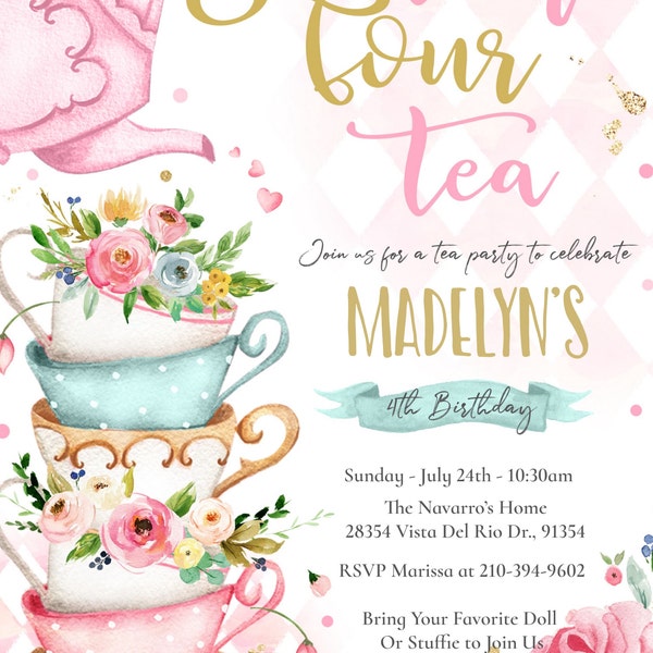 Editable Tea Party Birthday Invitation Time Four Tea 4th Birthday Party ...