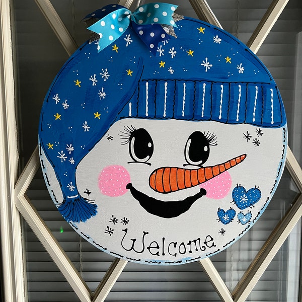 SNOWMAN Face CIRCLE SIGN Wall Art Door Winter Christmas Plaque Wreath ...