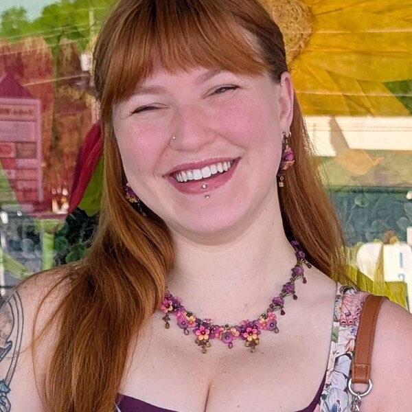 Vintage COLLEEN TOLAND Pink Green XO Necklace Beaded Flower Floral ...