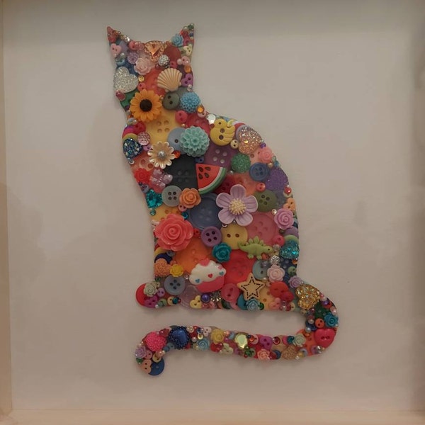Cat Button Art Picture, Unique Wall Art, Home Decor, Cat Lover Gift ...