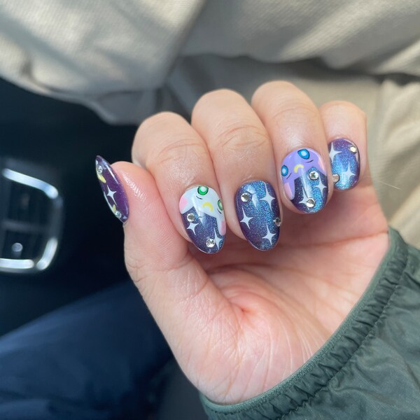 Purple Cateye Moon Cats Inspired Nails Reusable Luxury Press on Nails ...