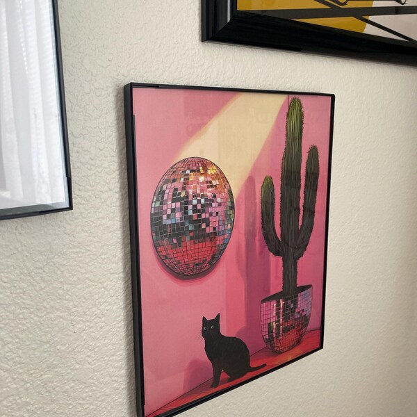 Disco Cat and Plant Art Print – Pink Retro Wall Decor, Funky Black Cat ...