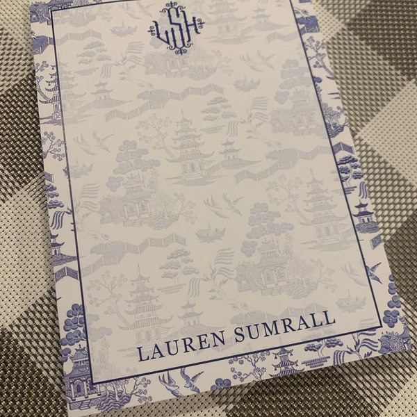 Blue Chinoiserie Monogrammed Notepad, Chinoiserie Stationery, Monogram ...