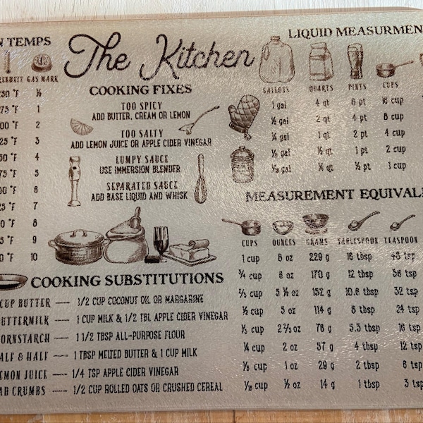 Vintage Style Kitchen Measurements Glass Cutting Board, Unique Vintage ...