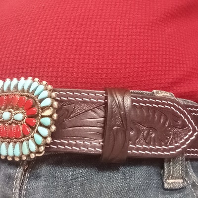 Full Grain Leather Snap-on Belt, Tooled Western Floral Engraved Leather ...